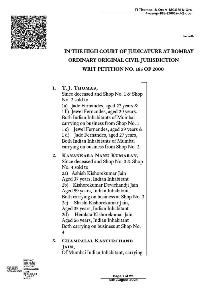 Bombay HC - TJ Thomas & Others Vs MCGM DT 12 August 2024 - Developer ... Bombay HC - TJ Thomas & Others Vs MCGM DT 12 August 2024 - Developer ...