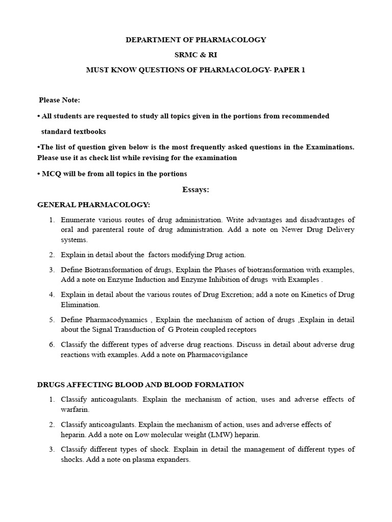 Pharmacology Cbme Question List-Paper 1 & 2 | PDF | Signal Transduction ...