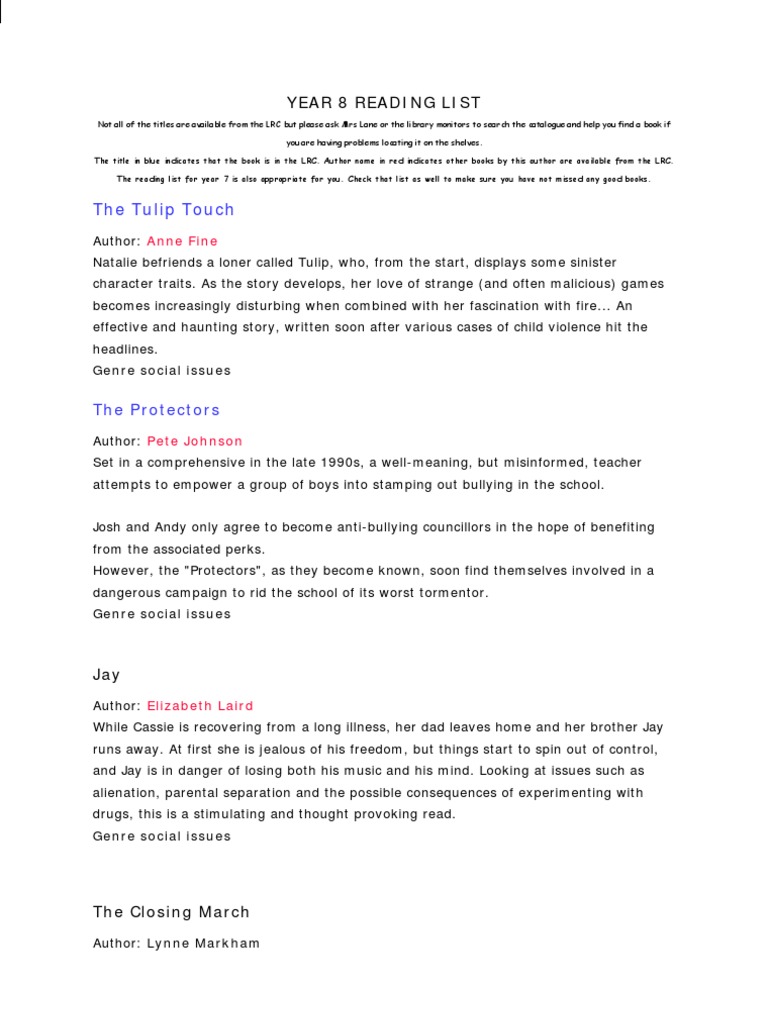 Year 8 Recommended Reading List | PDF