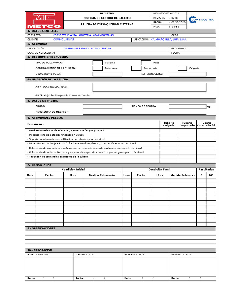 MCM-SGC-FC - OC-012 Prueba de Estanqueidad Cisterna Rev.02.00 | PDF