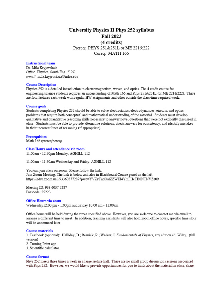 University Physics II Phys 252 Syllabus NDSU | PDF