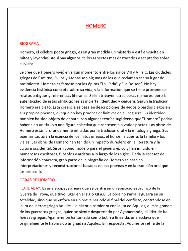 Biografía y Obras de Homero | PDF | Odiseo | Clásicos