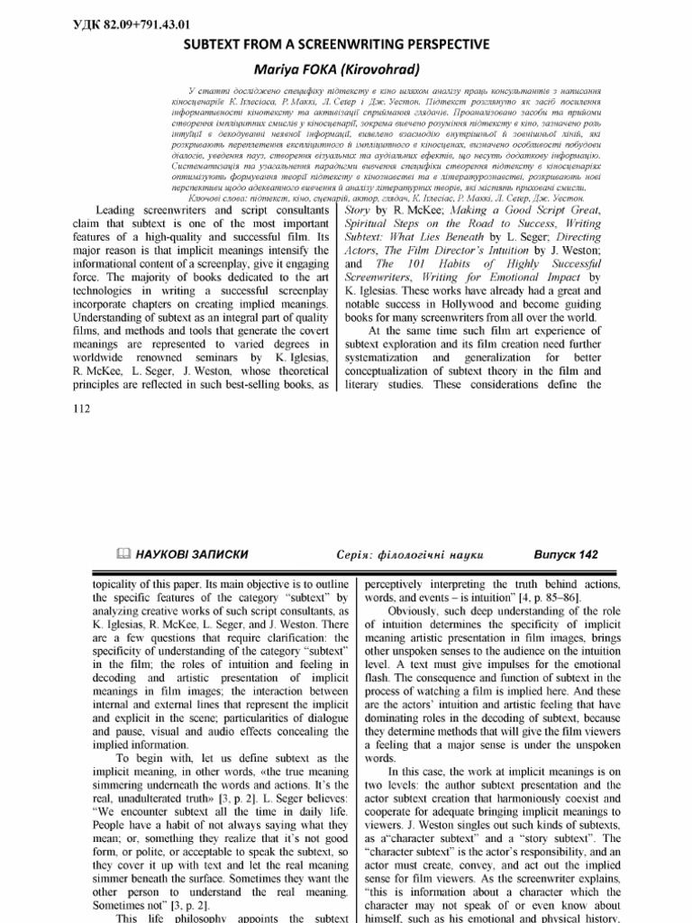 Subtext From A Screenwriting Perspective: Mariya FOKA (Kirovohrad) | PDF