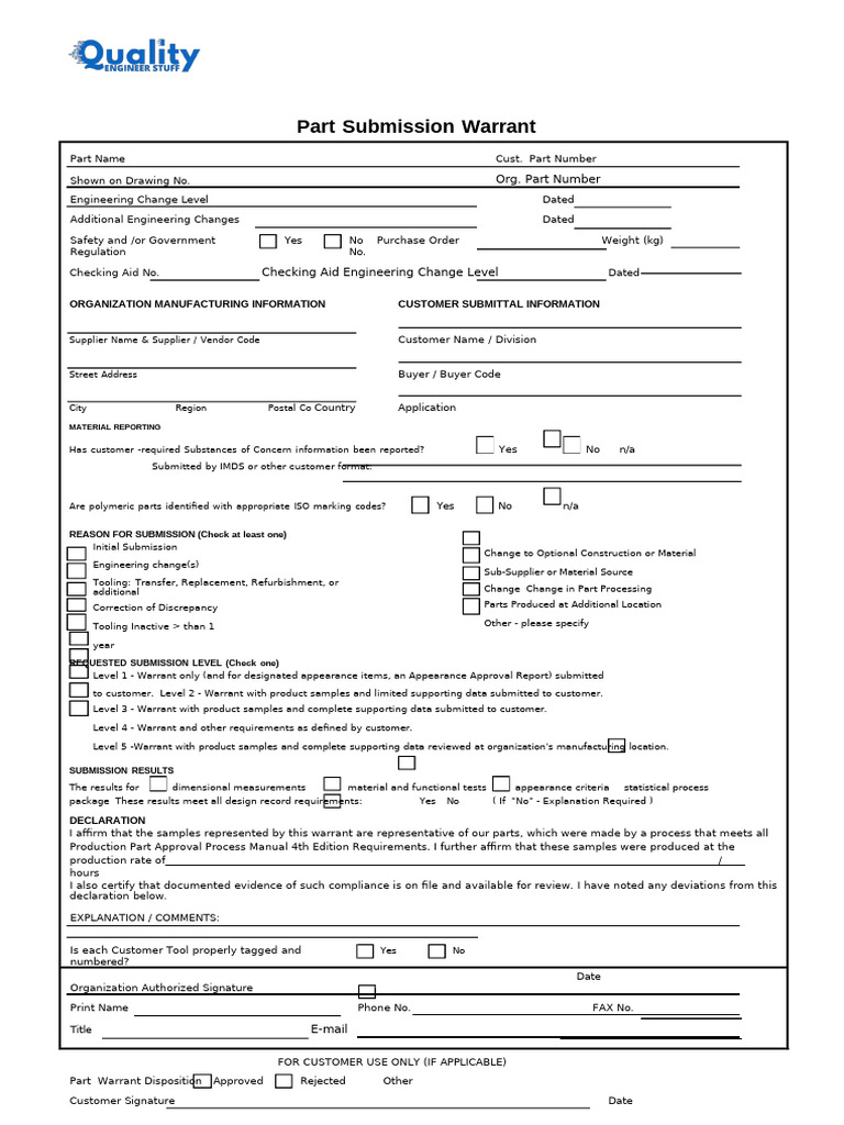 PSW Part Submission Warrant - QualityEngineerStuff | PDF