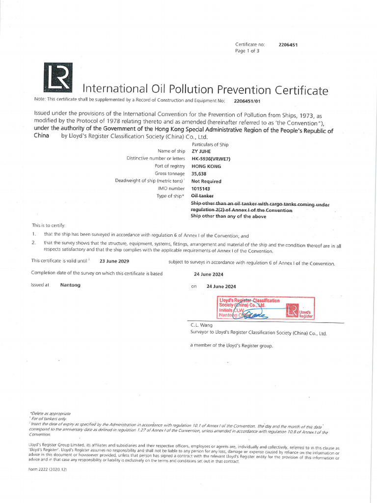 6.international Oil Pollution Prevention Certificate 2222 | PDF