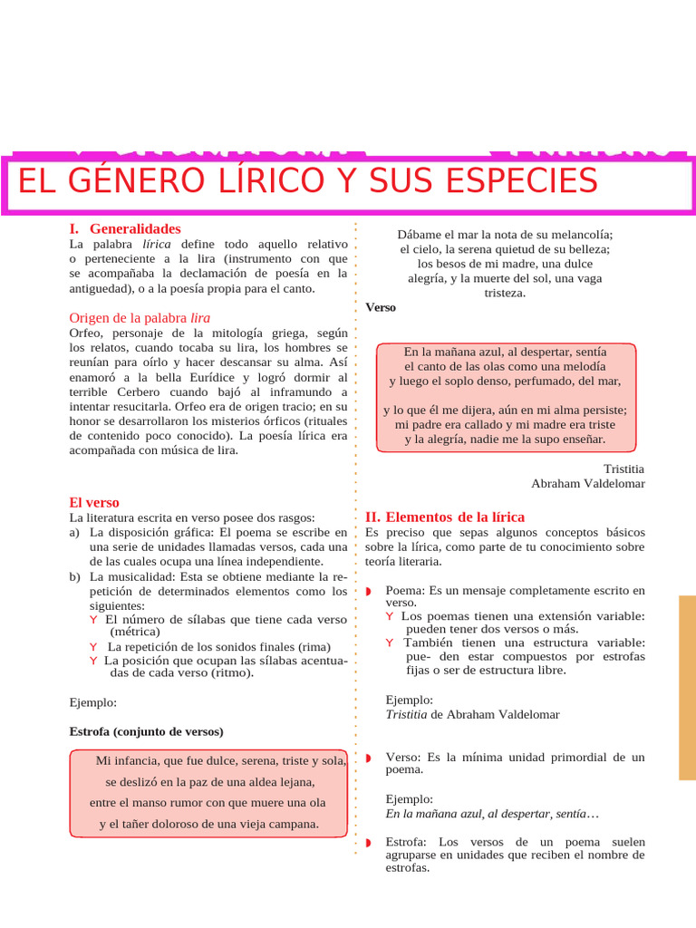 El Género Lírico y Sus Especies para Primer Grado de Secundaria | PDF