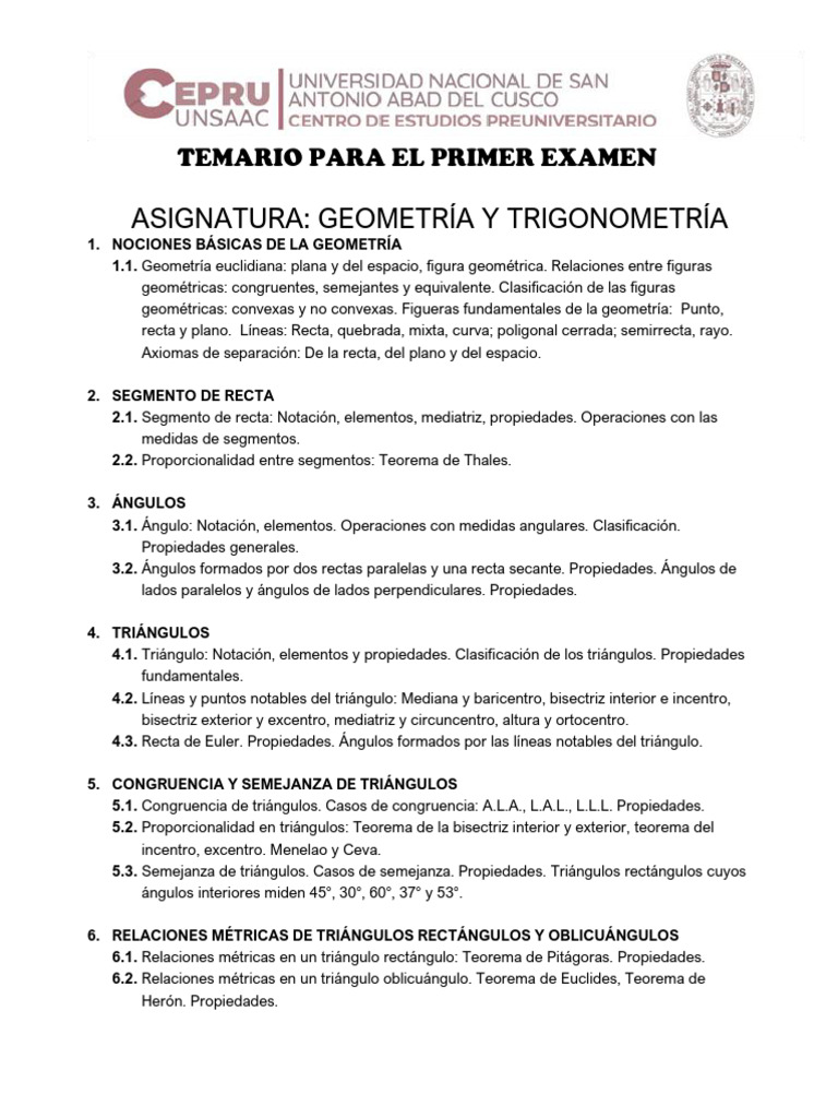 Temario Primer Examen - Geometr-A y Trigonometr-A - Primera Oportunidad 2025 | PDF