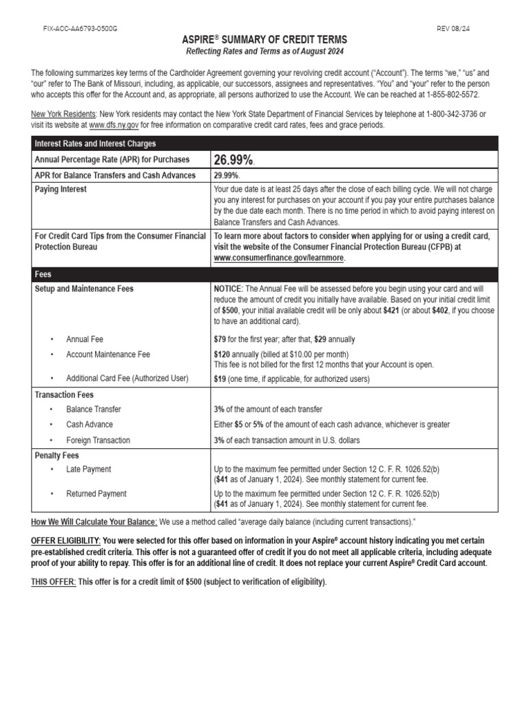 Aspire Summary of Credit Terms: Interest Rates and Interest Charges | PDF