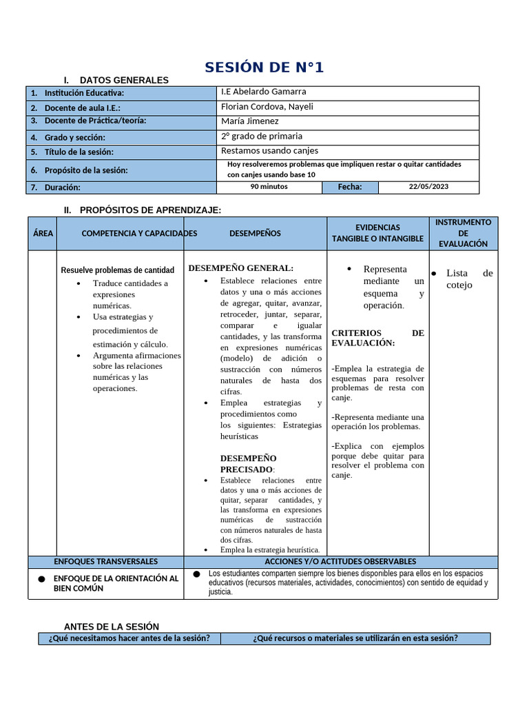 Sesion de Matemática 1° Grado Modelo | PDF