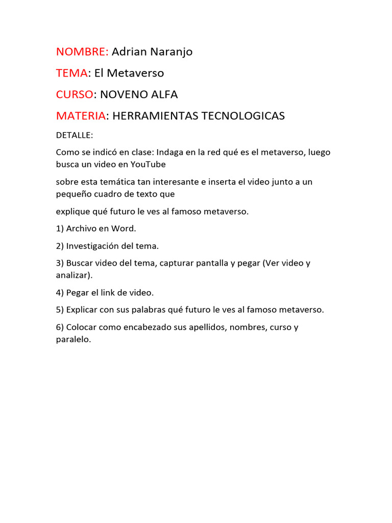 El Metaverso Herramientas Tecnologicas Noveno Alfa Adrian Naranjo | PDF