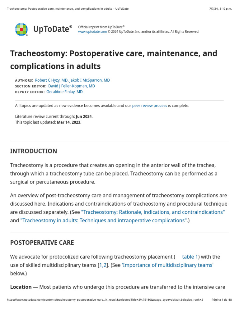 Tracheostomy Postoperative Care, Maintenance, and Complications in ...
