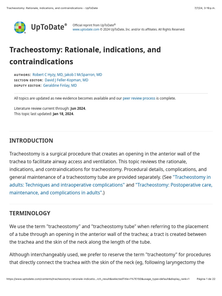 Tracheostomy Rationale, Indications, and Contraindications - UpToDate | PDF
