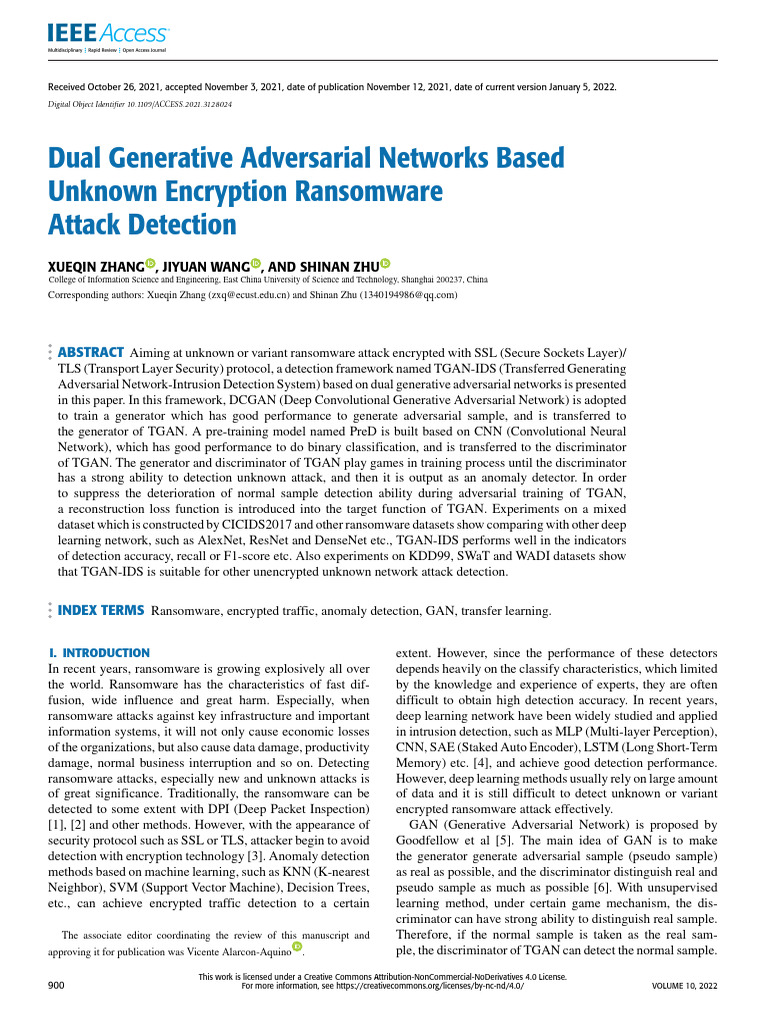 Dual Generative Adversarial Networks Based Unknown Encryption Ransomware Attack Detection | PDF