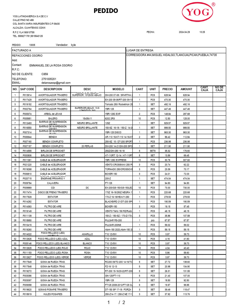 Pedido: No. Sap Code Descripcion Desc Modelo Cant Unit Precio Amount Cant. Caja No de Caja | PDF ...