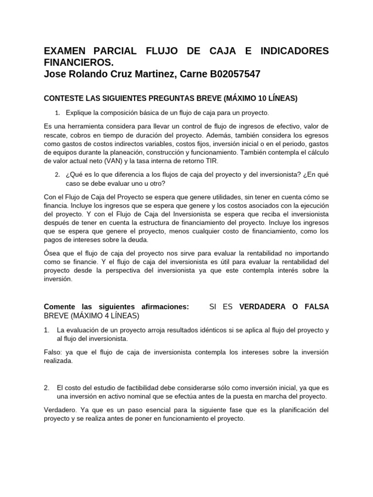 Examen Parcial Flujo de Caja e Indicadores Financieros Jose Rolando ...