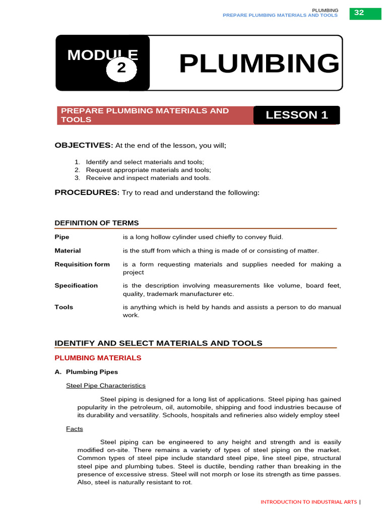 MODULE 2 - Lesson 1_Prepare Plumbing Materials and Tools. | PDF