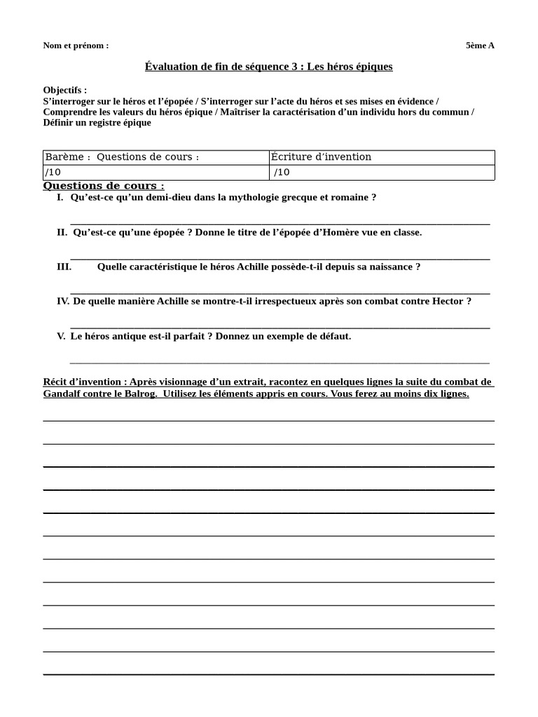 Evaluation fin Séquence 3 5ème 2 | PDF