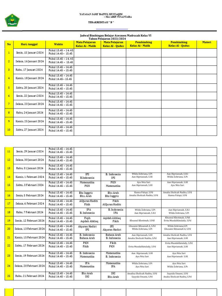 Jadwal Bimbel Grade 6 Mian | PDF