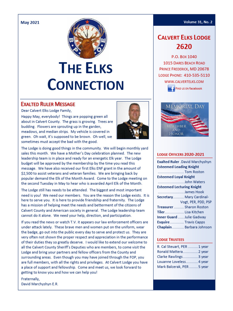 Calvert Elks Lodge May 2021 Newsletter | PDF