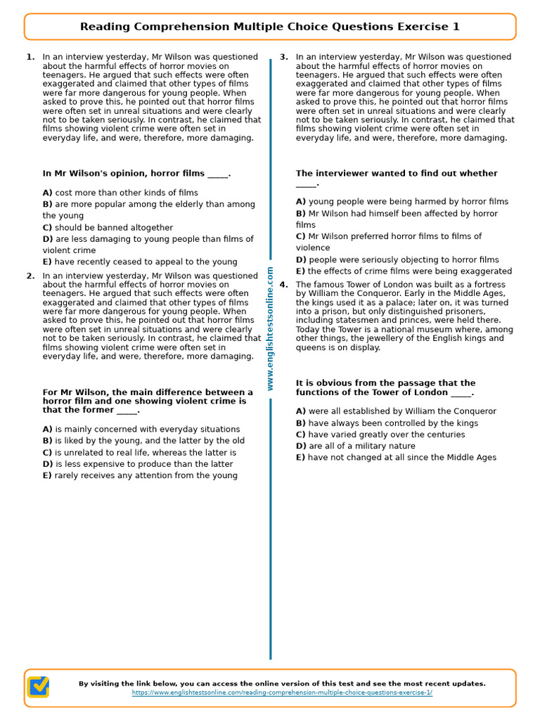 1871 - Reading Comprehension Multiple Choice Questions Exercise 1 | PDF