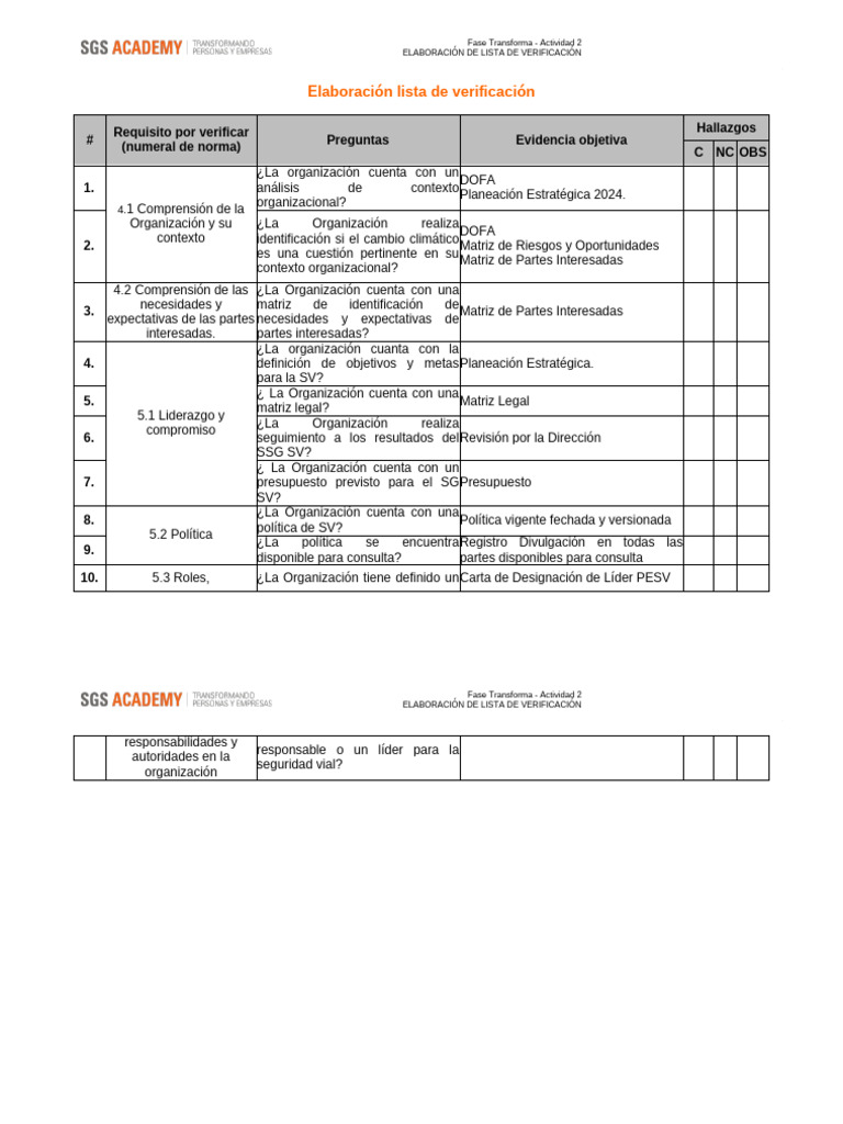 Actividad Aprendizaje Transforma 2 - Lista Verificación TABLA | PDF