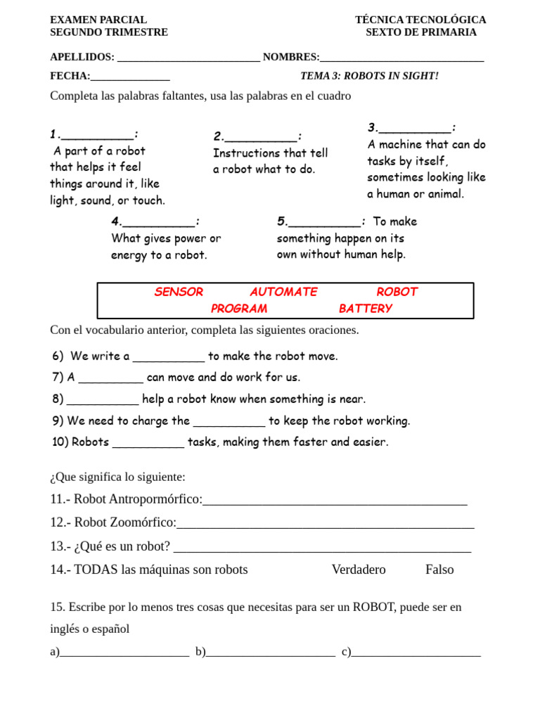 Recup 6to Tec Examen Parcial Tema 3 Robotica | PDF