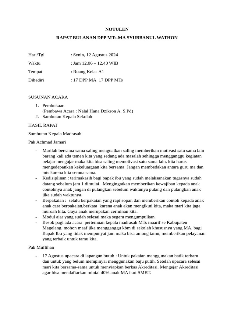 Notulen Rapat DPP - 12 Agustus 2024 | PDF