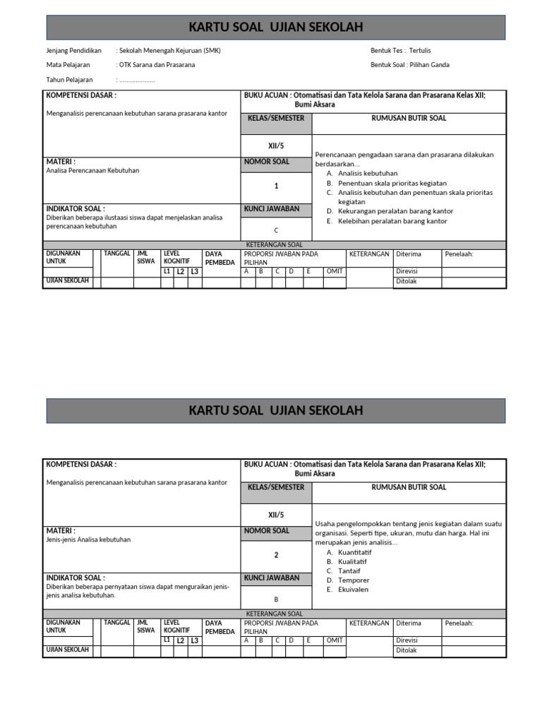 Kartu Soal OTK Sarana Dan Prasarana XII OTKP 2023 | PDF