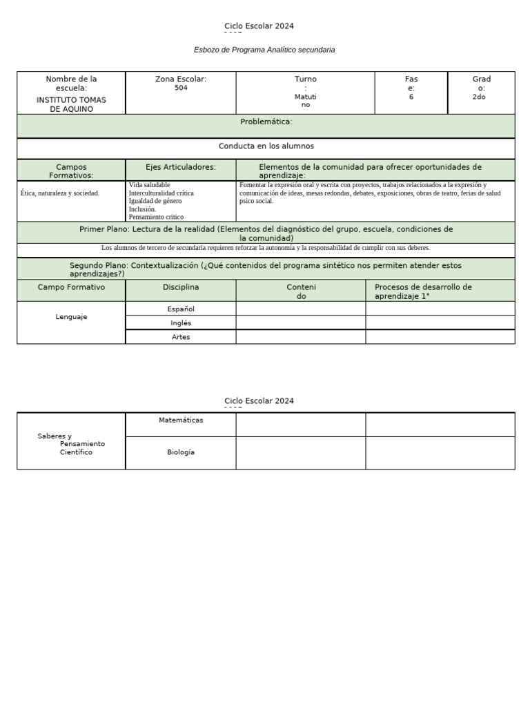 Esbozo de Programa Analítico 2do Secundaria | PDF
