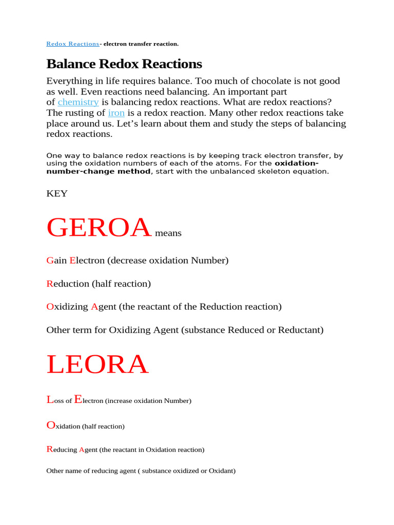 Balancing Redox Equation by Valence Electron Method | PDF | Redox ...