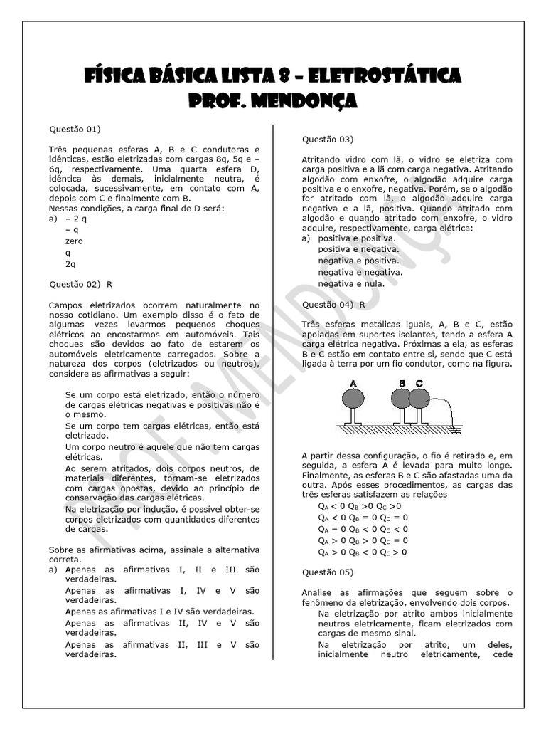 LISTA 8 - ELETROSTÁTICA | PDF