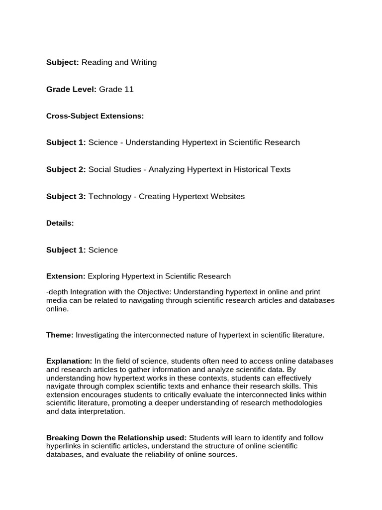 Cross - Subject - Extention - Reading and Writing | PDF