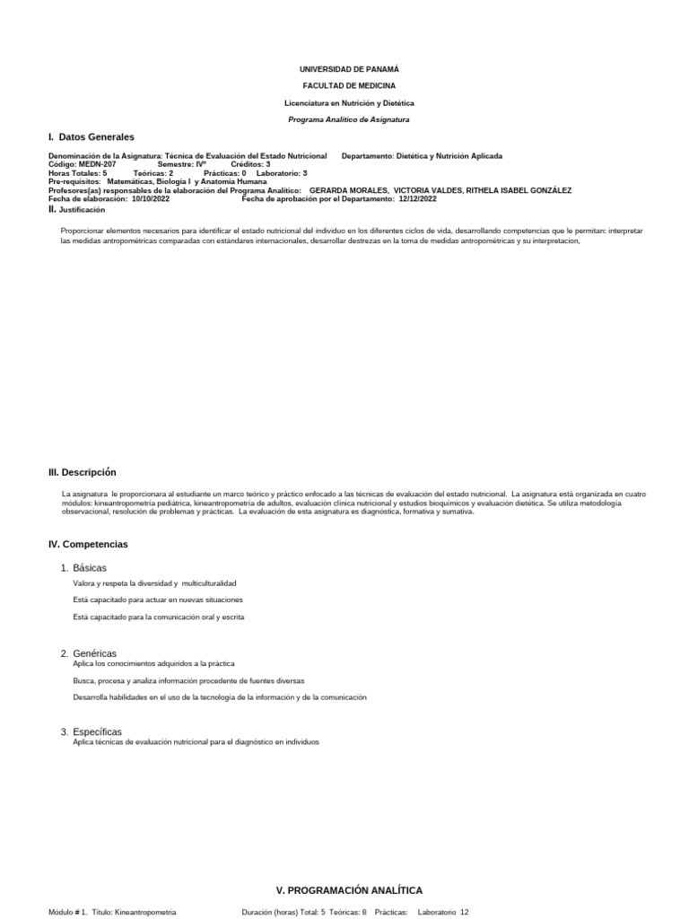 Programa Analitico Tecnicas de Eval Del Est Nut | PDF