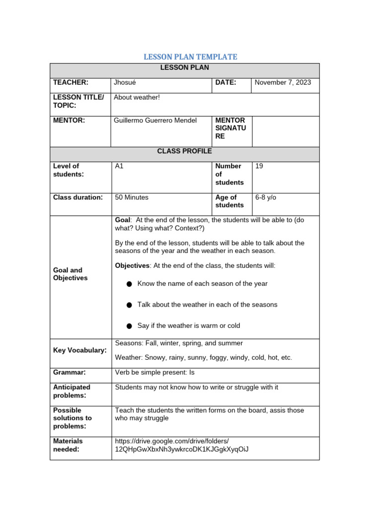 LP8 W12 Weather | PDF | Lesson Plan | Behavior Modification