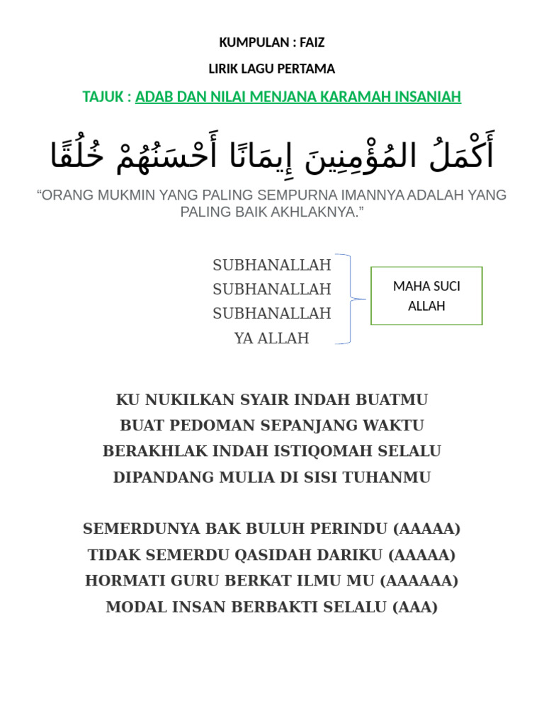 Lirik Lagu 1 Adab Dan Nilai Menjana Karamah Insaniah | PDF