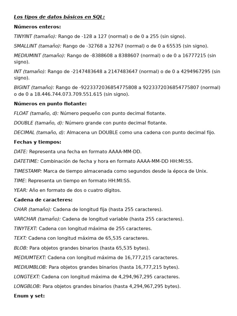 Los Tipos de Datos Básicos en SQL | PDF