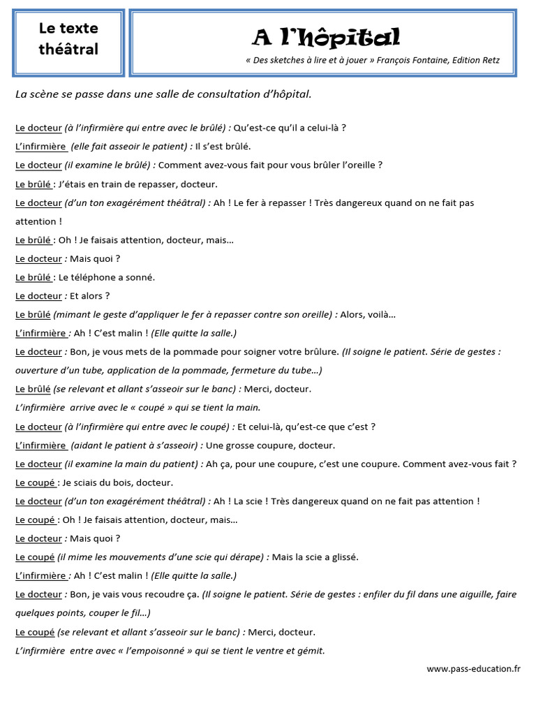 A Lhôpital Saynète Cm1 Cm2 Texte Théâtrale - Lecture - Cycle 3 | PDF