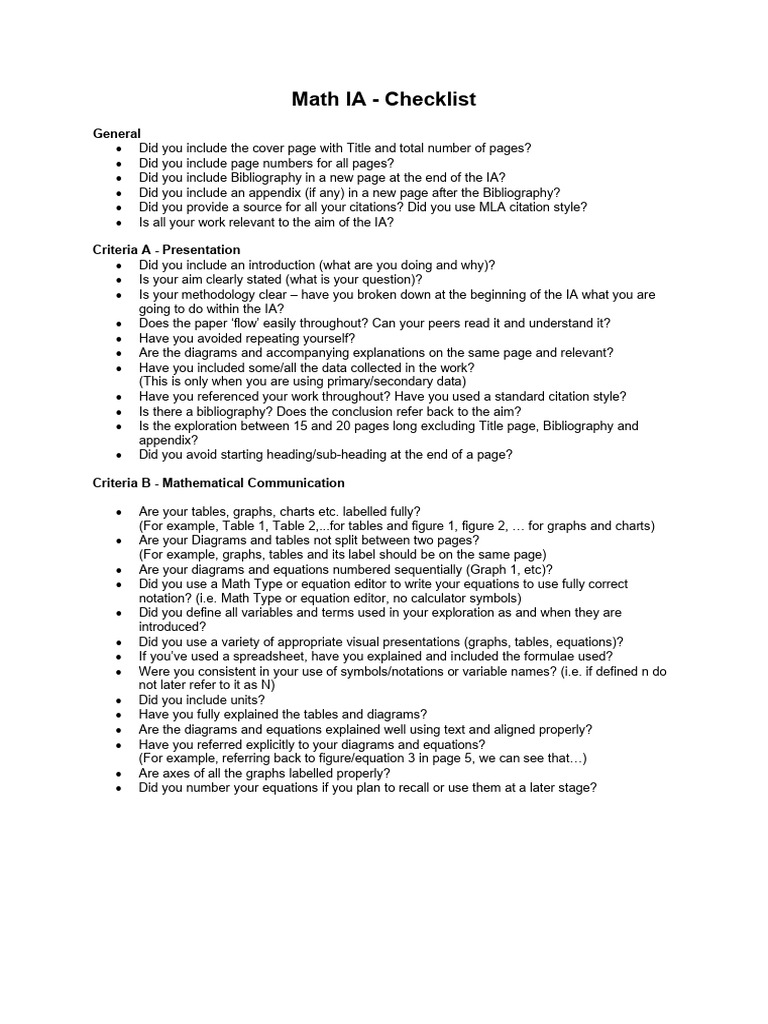 IA Checklist Math AA HL | PDF