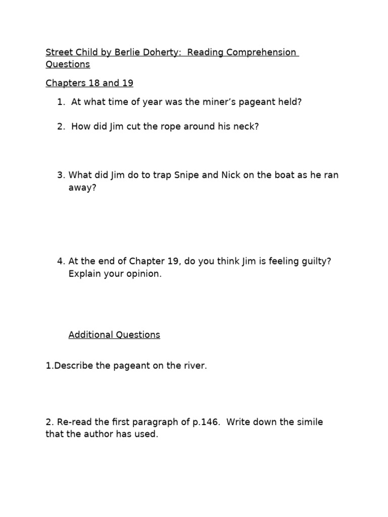 Street Child Reading Comprehension Questions Chapters 18 and 19. ...