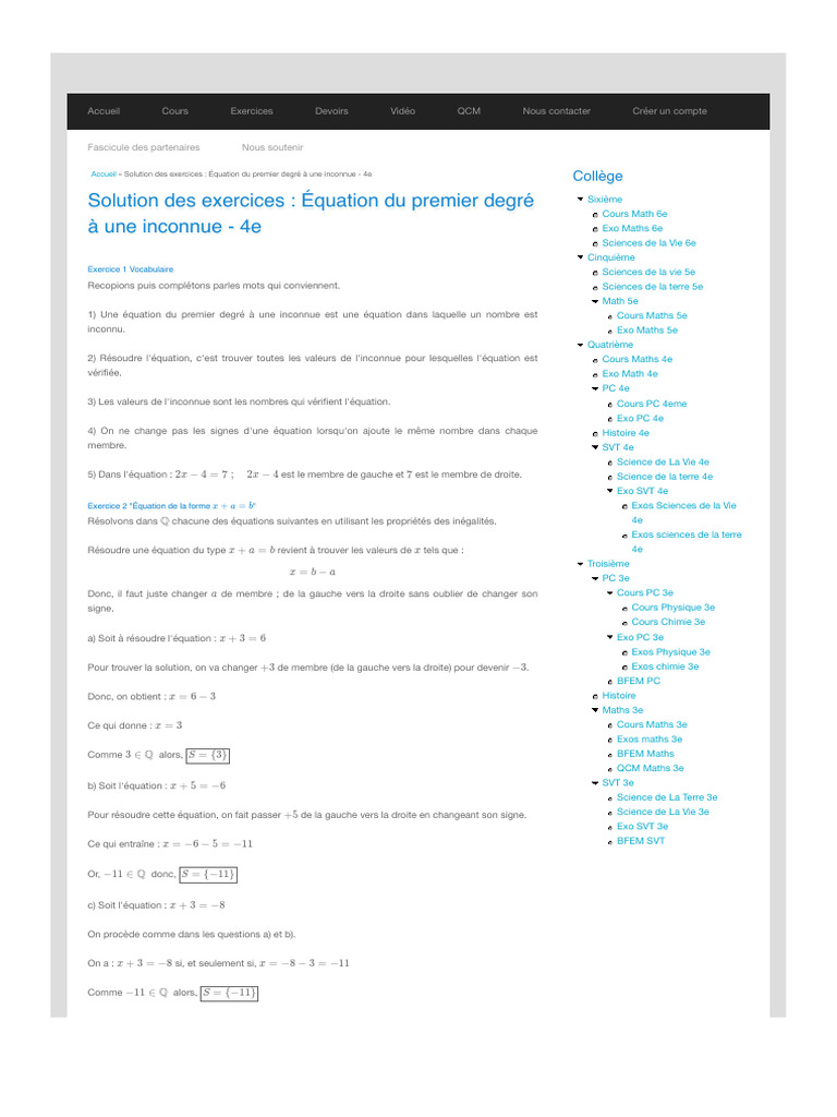 Solution Des Exercices - Équation Du Premier Degré À Une Inconnue - 4e ...
