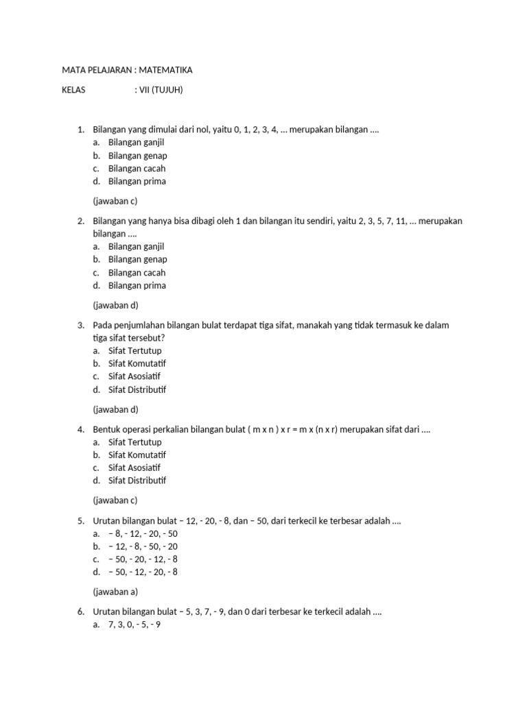 Soal Matematika Kelas VII | PDF