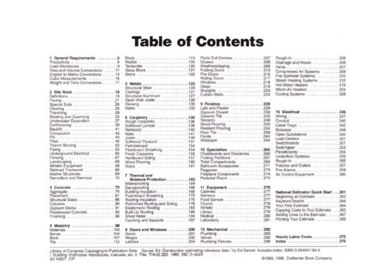 Construction Estimating Reference Data Table of Contents | PDF