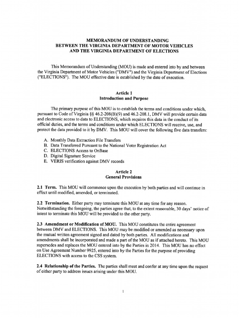 2021 MOU Between ELECT & DMV - March 2021 | PDF