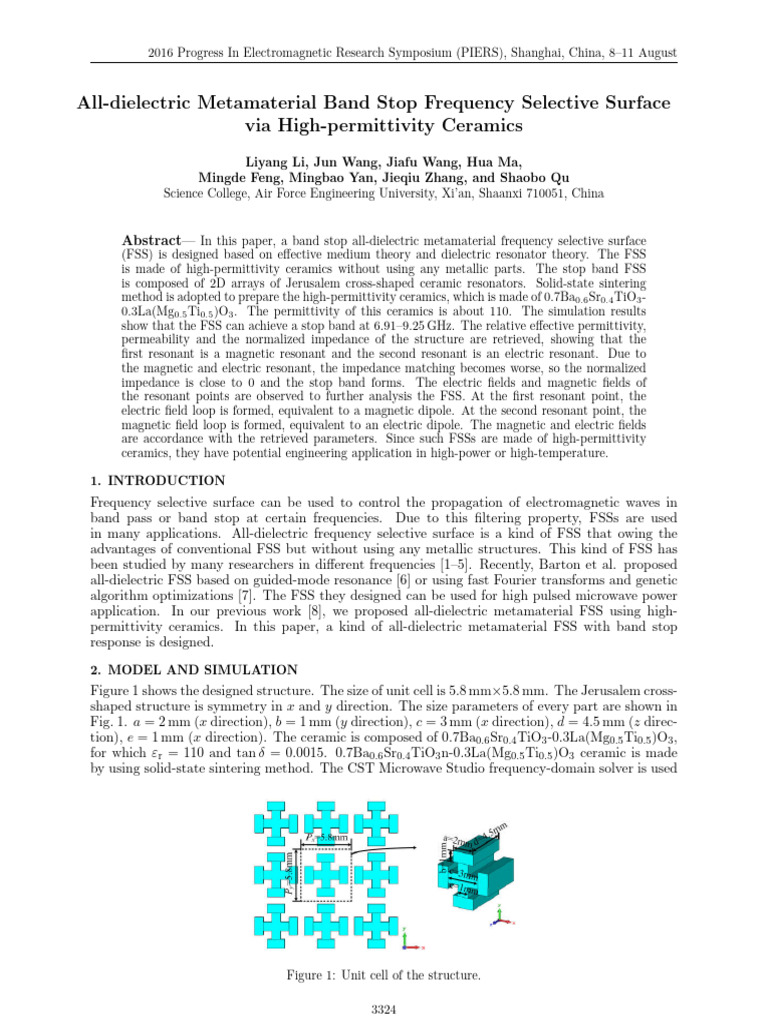 All Dielectric Metamaterial Band Stop Frequency Selective Surface Via High Permittivity Ceramics ...