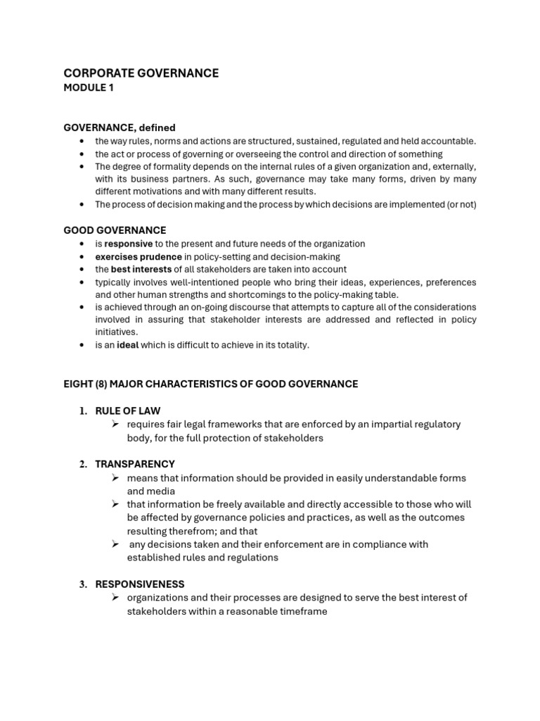 Module 1 - Corporate Governance Lecture Notes | PDF
