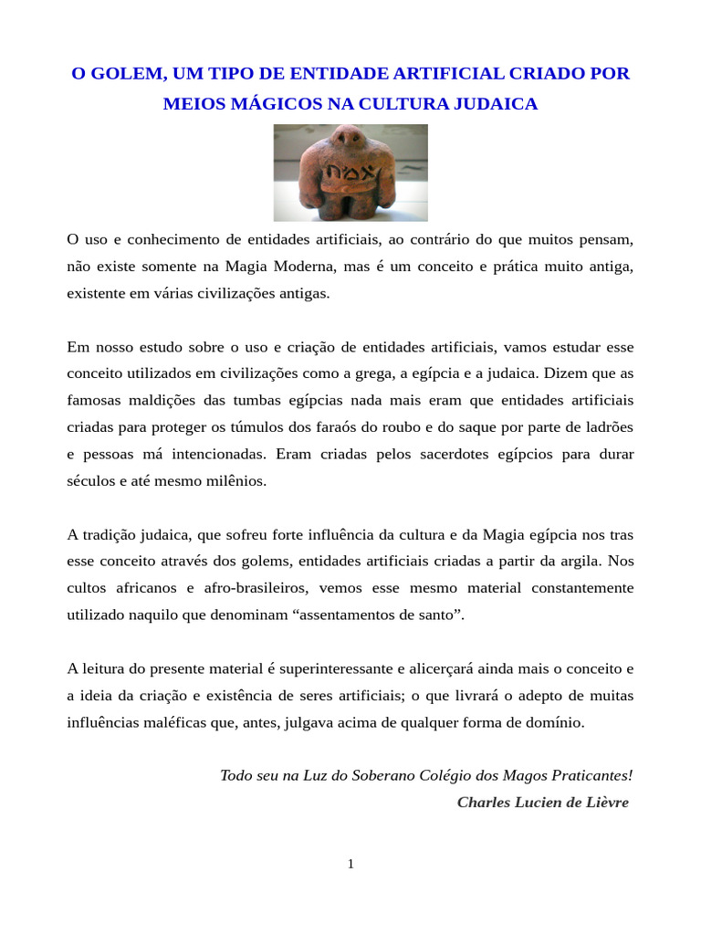 1b - o Golem, Um Tipo de Entidade Artificial Criada Por Meios Mágicos Na Cultura Judaica | PDF