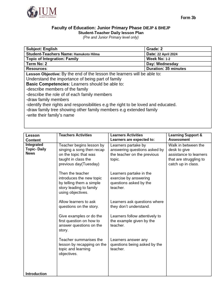 Form 3b Daily Lesson Plan Format For Pre and Junior Primary Revised 2021 (1) - 075220 | PDF ...