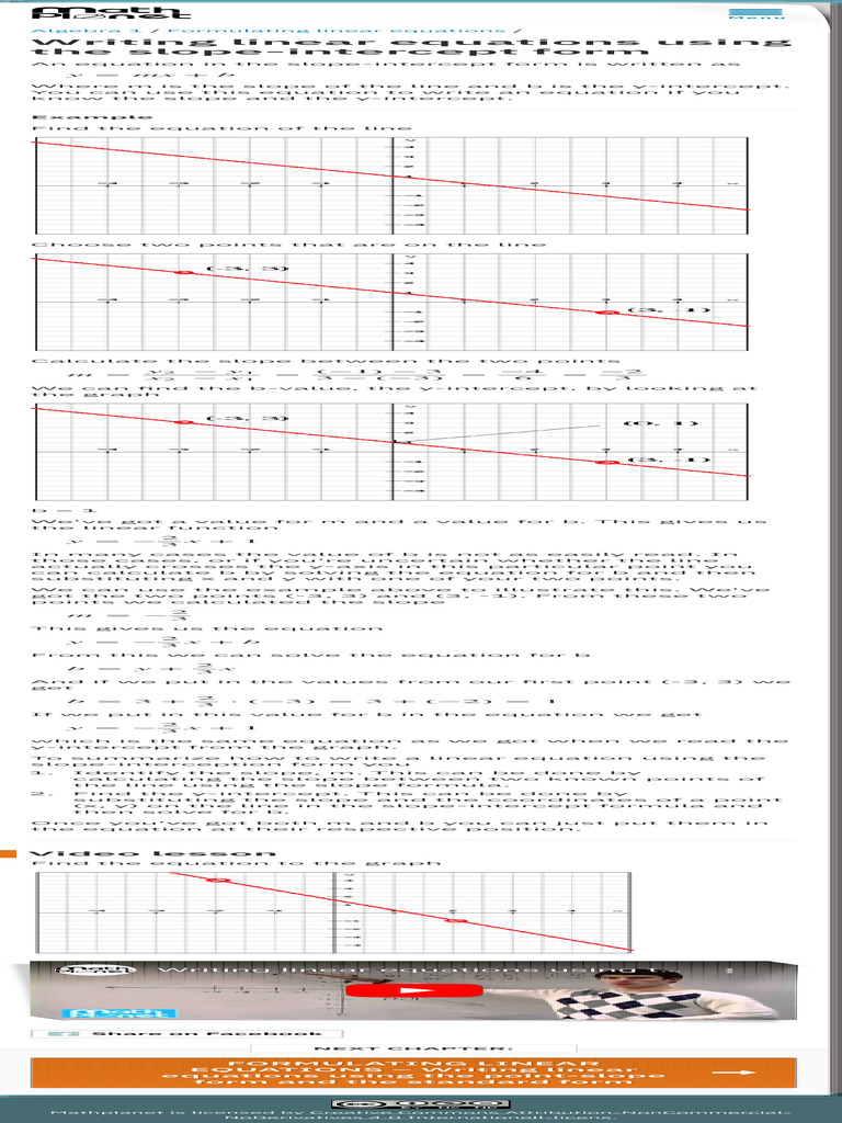 Writing Linear Equations Using The Slope-Intercept Form (Algebra 1 ...