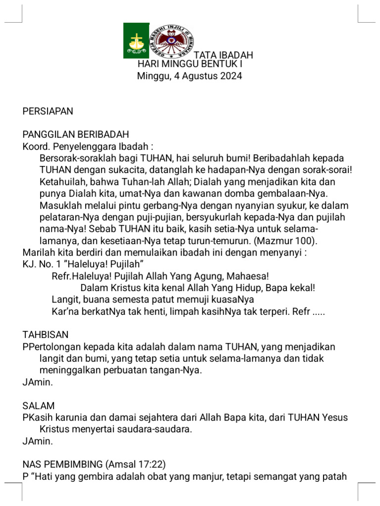Tata Ibadah Hari Minggu 4 Agustus 2024-1 | PDF