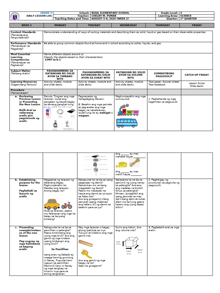 Sci 3 Q1W2-DLL | PDF | Mass | Quantity